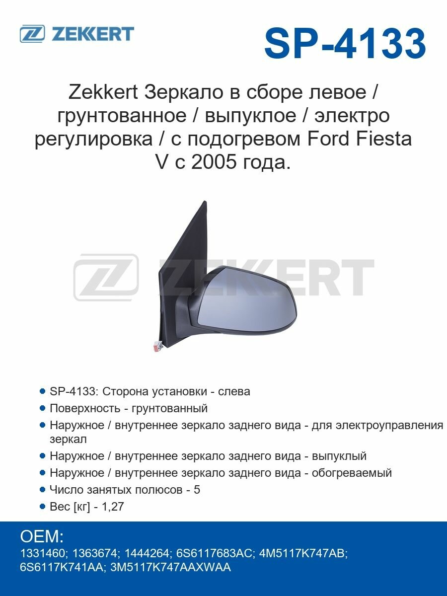 Zekkert Зеркало в сборе левое / грунтованное / выпуклое / эл регул / с подогр Ford Fiesta V с 2005 года.
