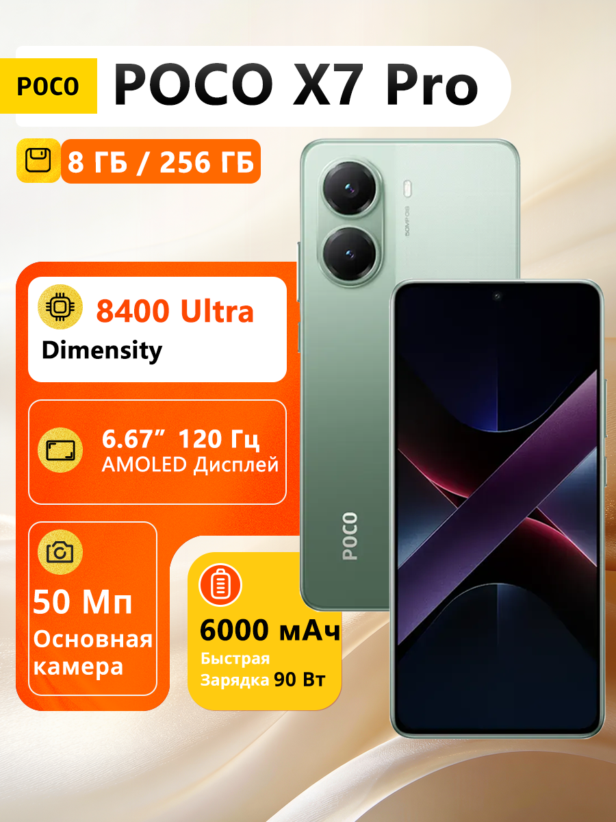 Смартфон Xiaomi POCO X7 Pro 5G глобальная версия , 8GB+256GB , зеленый