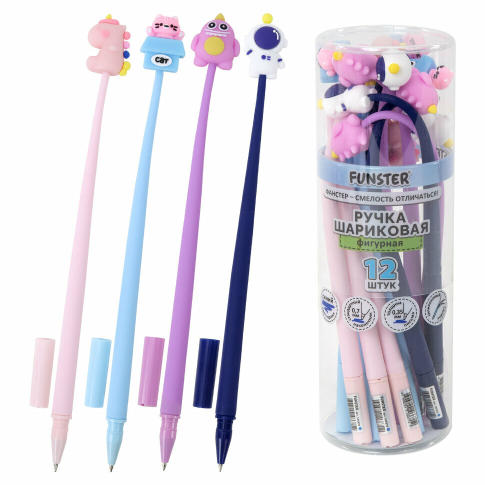 Ручка фигурная силиконовая шариковая FUNSTER (фанстер) "SILICONE MIX", синяя, корпус ассорти, узел 0,7 мм, линия письма 0,35 мм, 144370, 12 штук, 144370