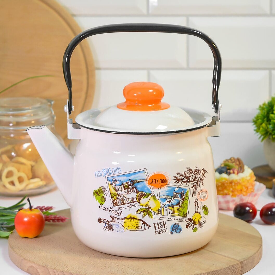 Чайник 2,5л эмалированный стальной, белый, с металлической крышкой, без свистка
