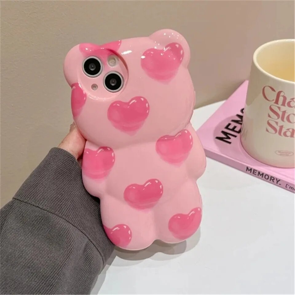 Корейский милый чехол для телефона с 3D медвежьим сердцем для iPhone 15 Pro Max 14 13 12 11 Pro Xs Max X Xr, милый защитный чехол для объектива для девочек for iphone 13Pro