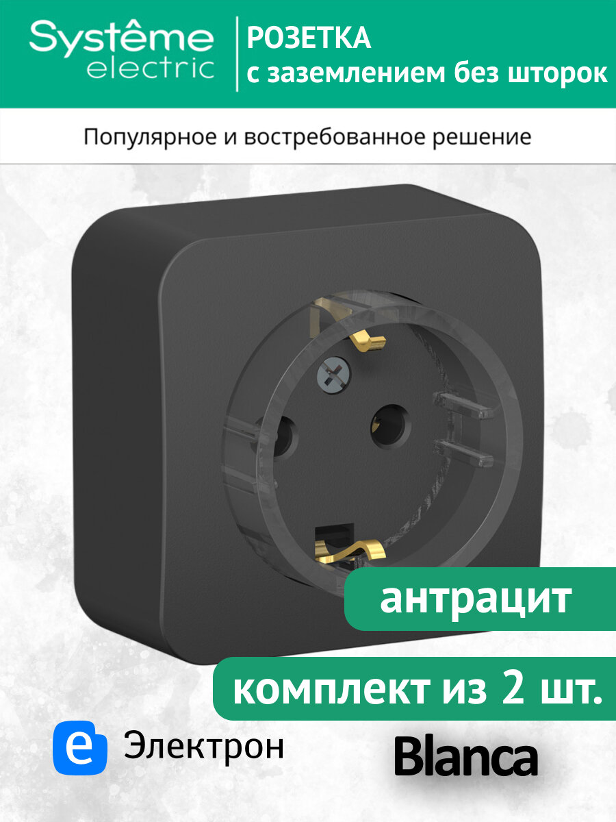 Розетка Systeme Electric BLANCA с заземлением, и изолирующей пластиной, антрацит, BLNRA110116 (комплект из 2 шт.)