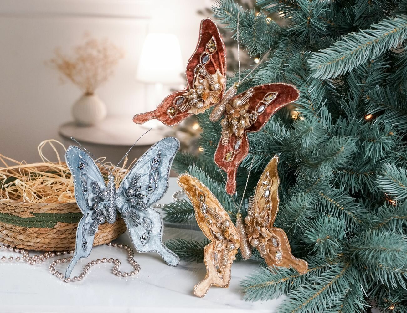 Набор елочных украшений магия бабочек, на клипсах, медно-серебряная гамма, 21 см, 3 шт, -Katherine’s Collection KCJ11-711365