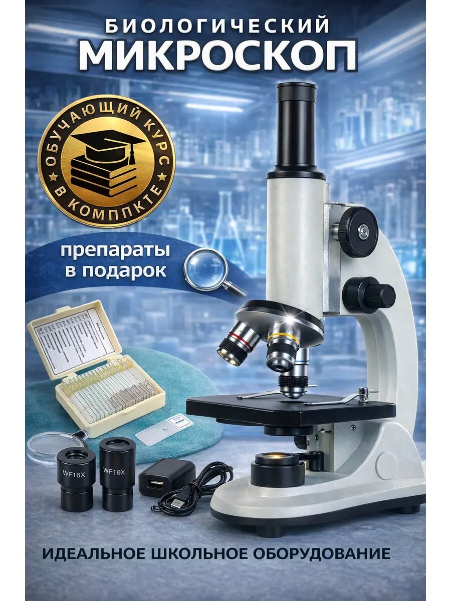 Микроскоп "Школьный", биологический, LCD дисплей, для 7-14 лет, увеличение 40-1280x