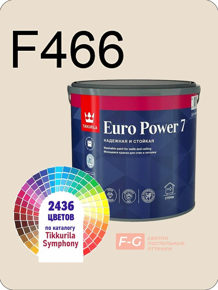 Краска для стен и потолков Tikkurila Euro Power 7 2,7л. светло-пастельные оттенки F466