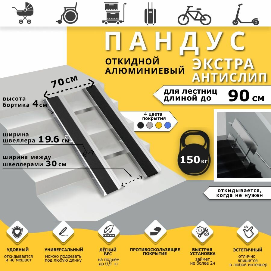 Пандус откидной алюминиевый Ретайл Экстра Антислип 90 см, черный