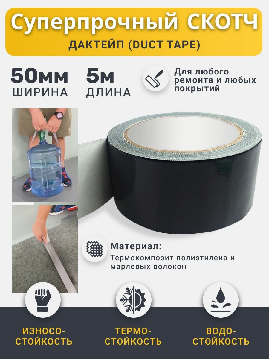 Прочная лента-скотч Duct tape 50 мм х 5 м, чёрная / Дактейп - универсальная армированная самоклеящаяся лента для ремонта и любых покрытий глянцевый