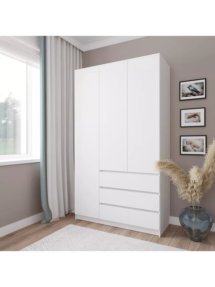 Шкаф КМК, распашной, ЛДСП, белый, 3 двери, 6 полок, 3 ящика, шариковые направляющие