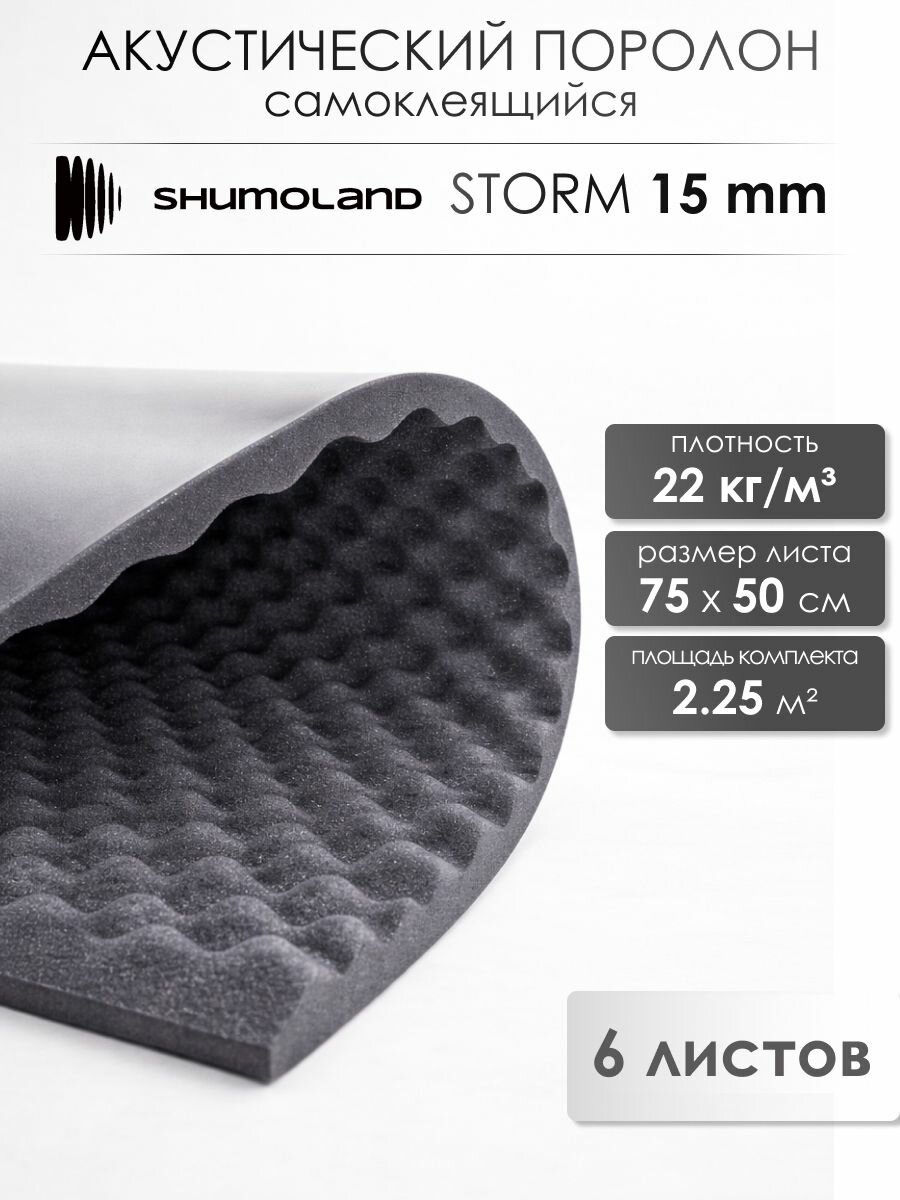 Акустический поролон для авто самоклеющийся 15мм Shumoland Storm 15 (75х50см) - 6 листов, звукоизоляция и шумоизоляция для автомобиля