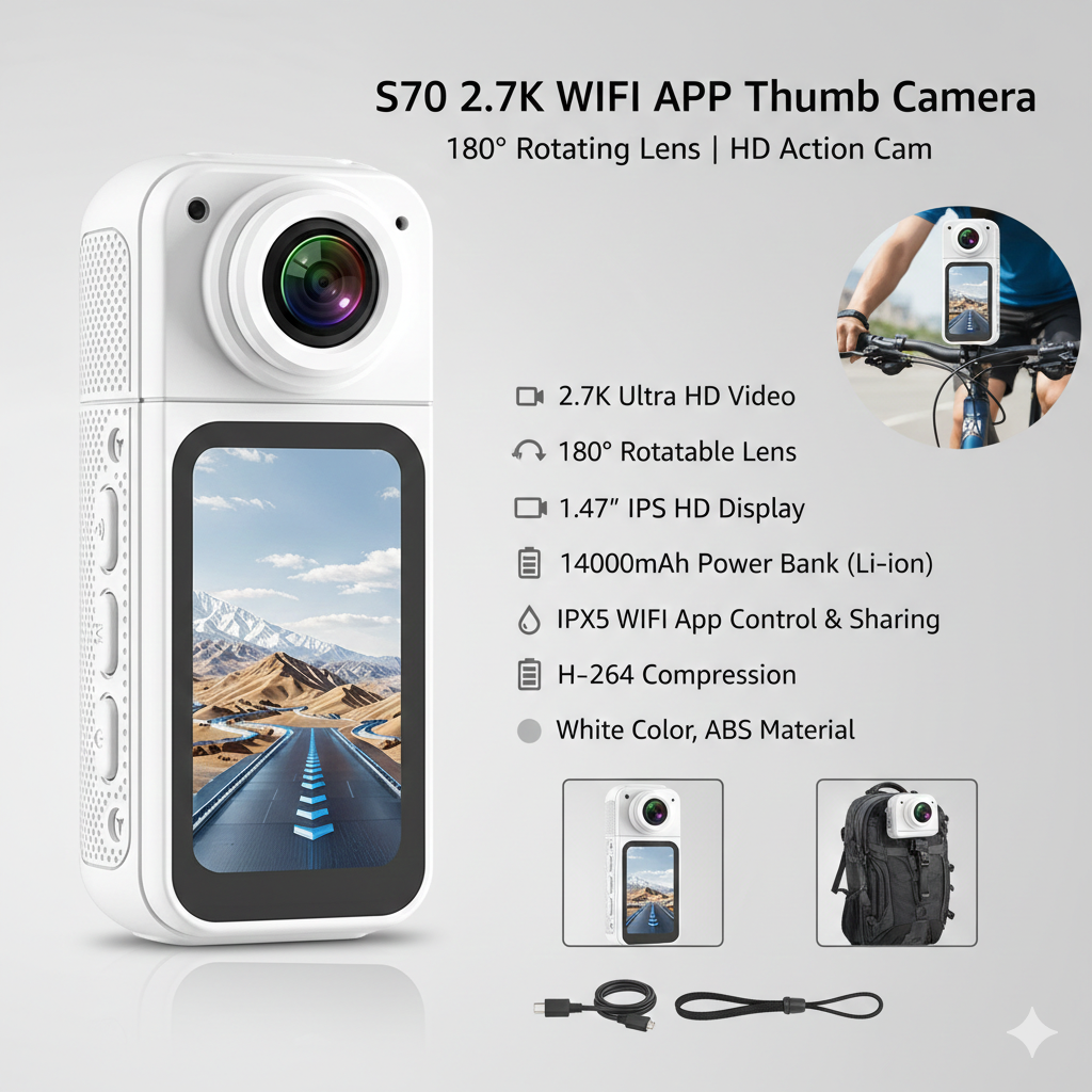 S70 2.7K WIFI APP Thumb Camera HD Велосипедная Камера 1080P Камера Белого цвета 64 гб