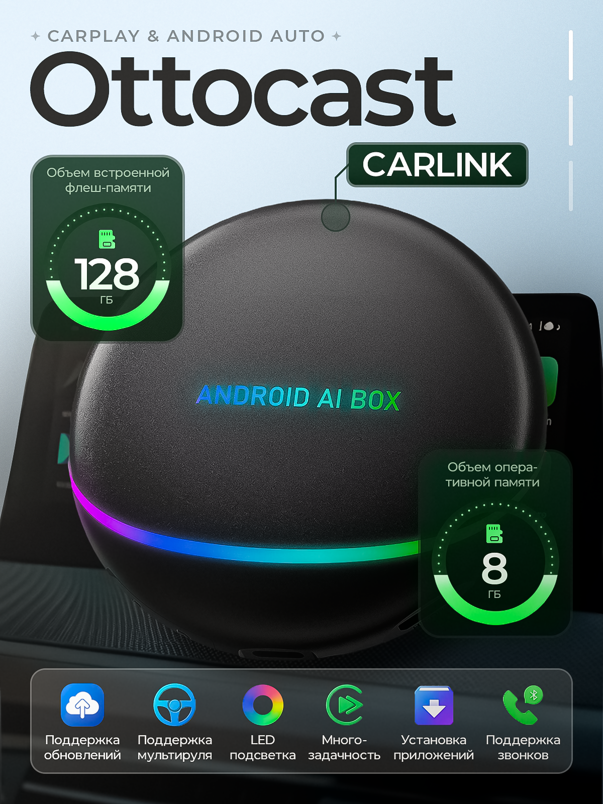 OTTOCAST Carlink Android Carplay Ai Box Rus - Android - 8+128Gb - QCM6125 8-ядерный беспроводной TV Авто Netflix 4G LTE