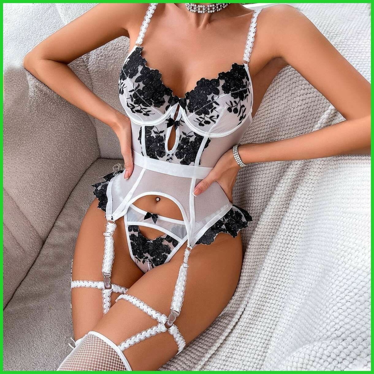 SEXY MIDNIGHT, Комплект эротического белья, Черное кружево, Утягивающий корсет, Чулки, Для интимной встречи, Подарок для жены