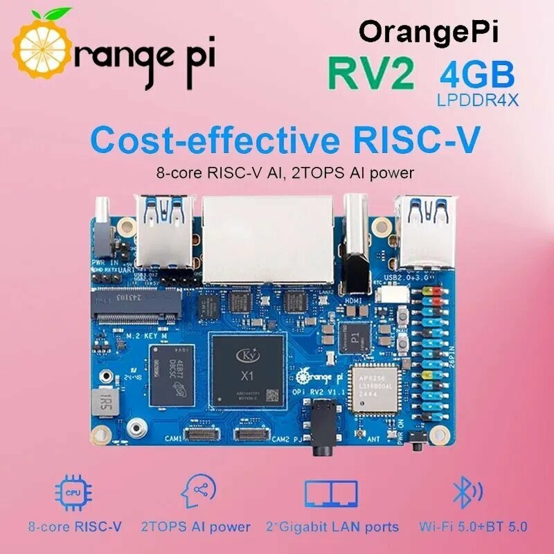 Orange Pi RV2 4GB RAM Однопанельный DDR4 8-Core RISC-V 2TOPS AI CPU WiFi BT5.0 M2 PCIE SSD BLE Mini PC Support Ubuntu OS