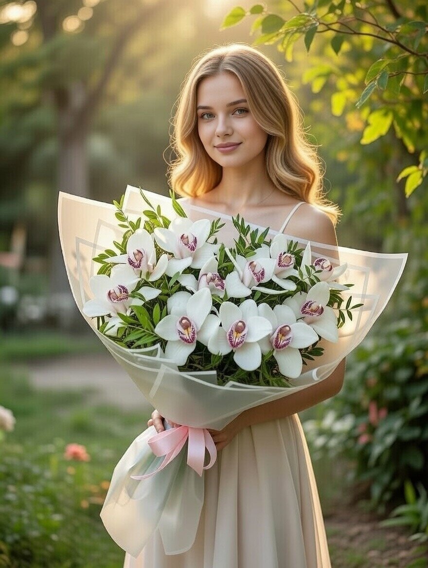 Авторский букет "Орхидея цимбидиум", монобукет, орхидеи, писташи, пленка, 11 цветов