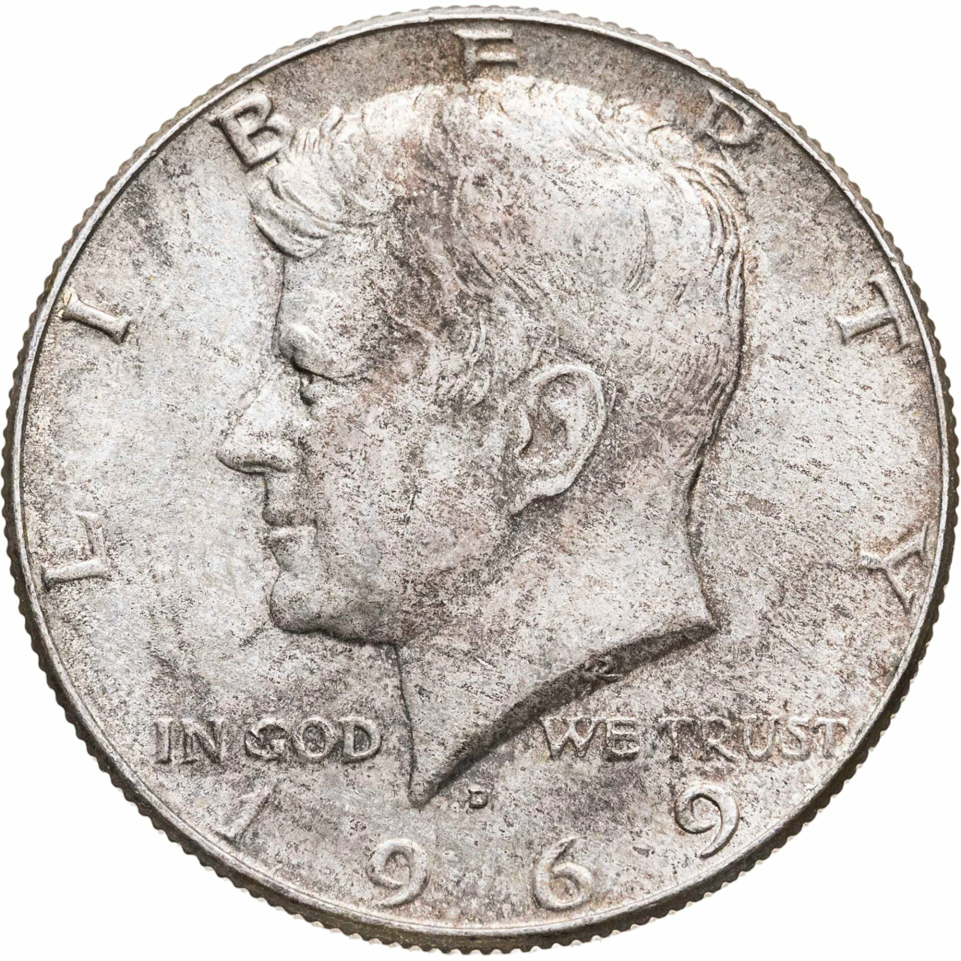 США 50 центов 1/2 доллара, half dollar 1969 Kennedy Half Dollar Кеннеди, знак монетного двора "D" - Денвер, Серебро 400, в сохранности VF-XF