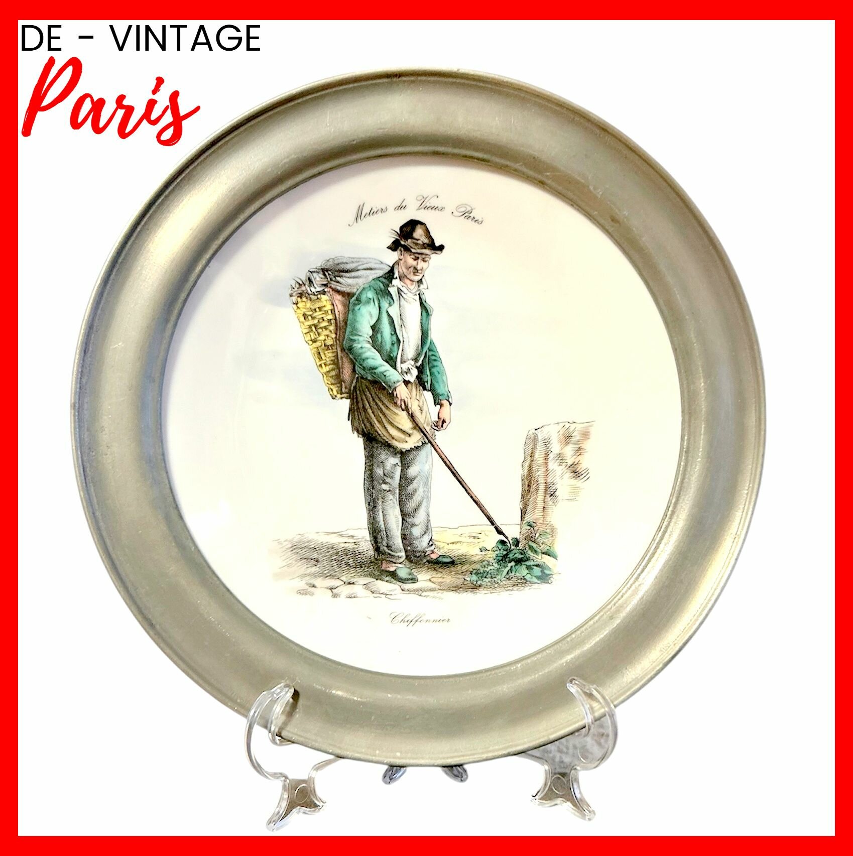 Декоративная тарелка в оловянной раме Продавец, Старинные профессии Парижа, винтаж. Франция
