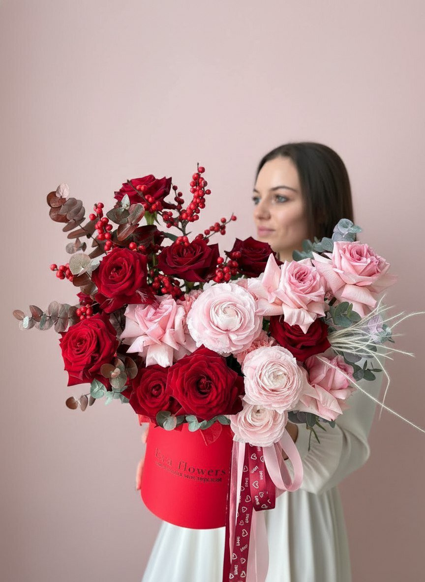 Композиция цветов "Красные розы, илекс, ранункулюсы", в коробке