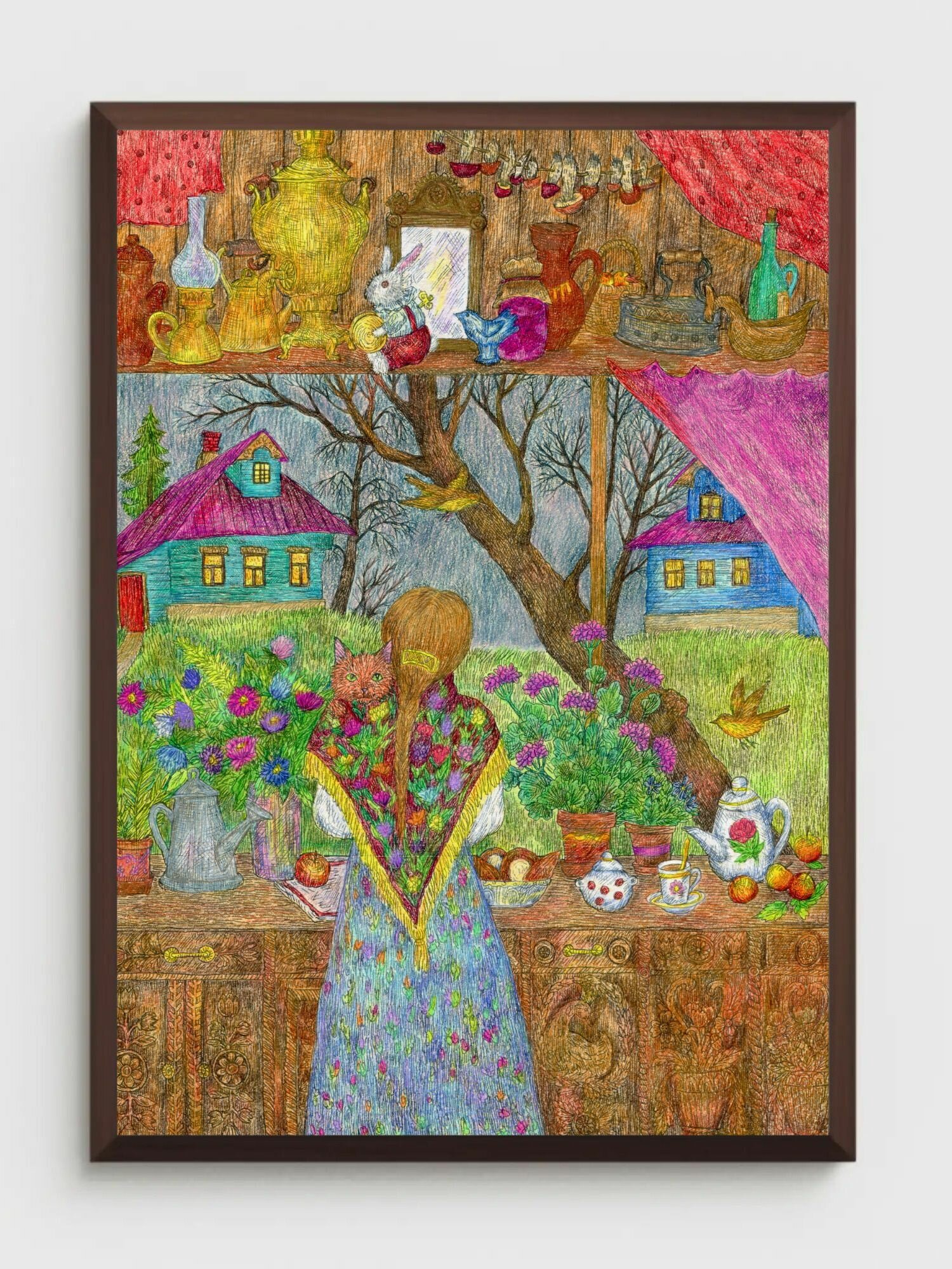 Картина для интерьера "Окно в сад" Картина с девушкой и котом