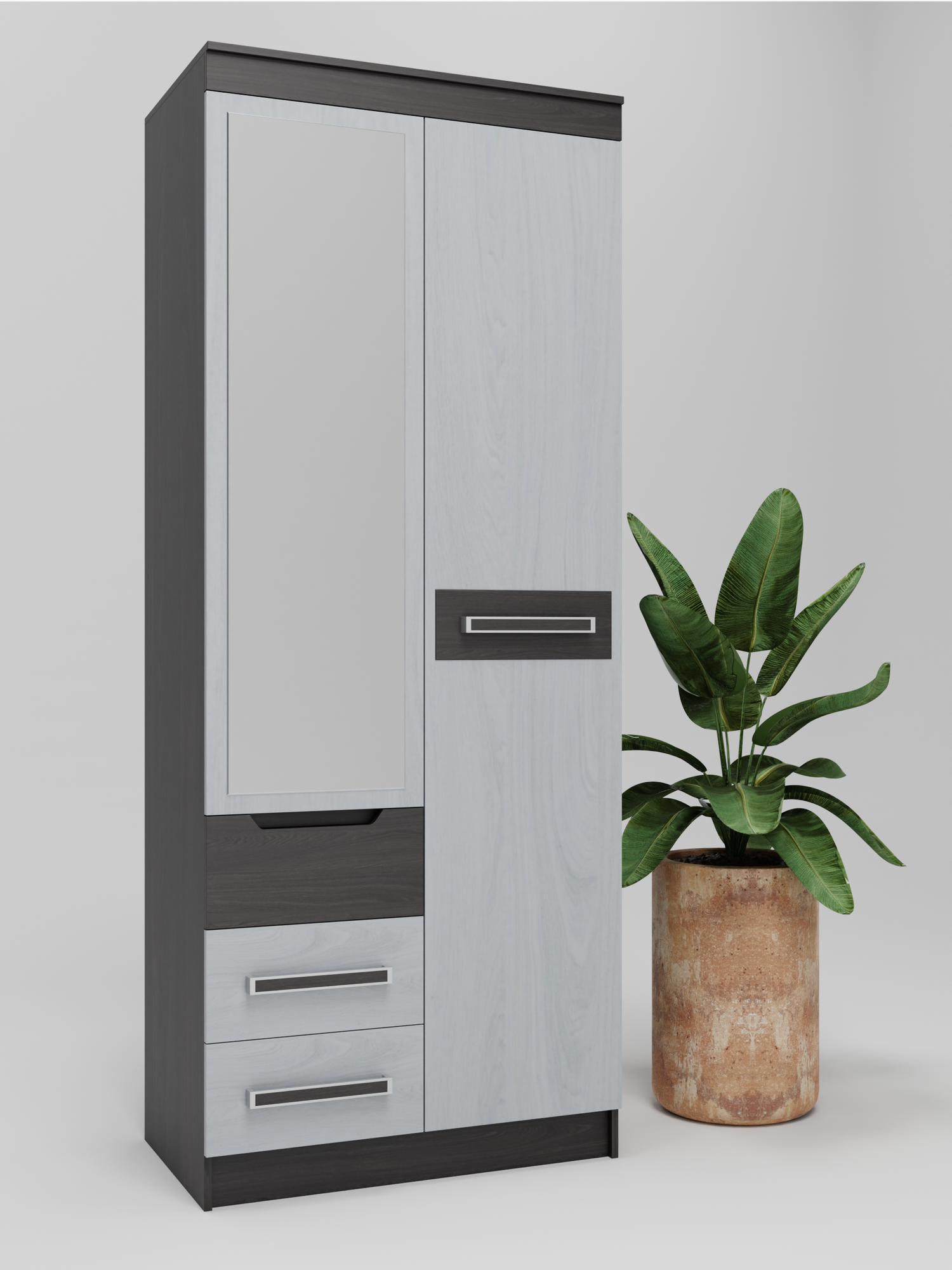 Шкаф для одежды распашной двух створчатый с зеркалом, с ящиками, Домино ясень анкор темный/ясень анкор светлый