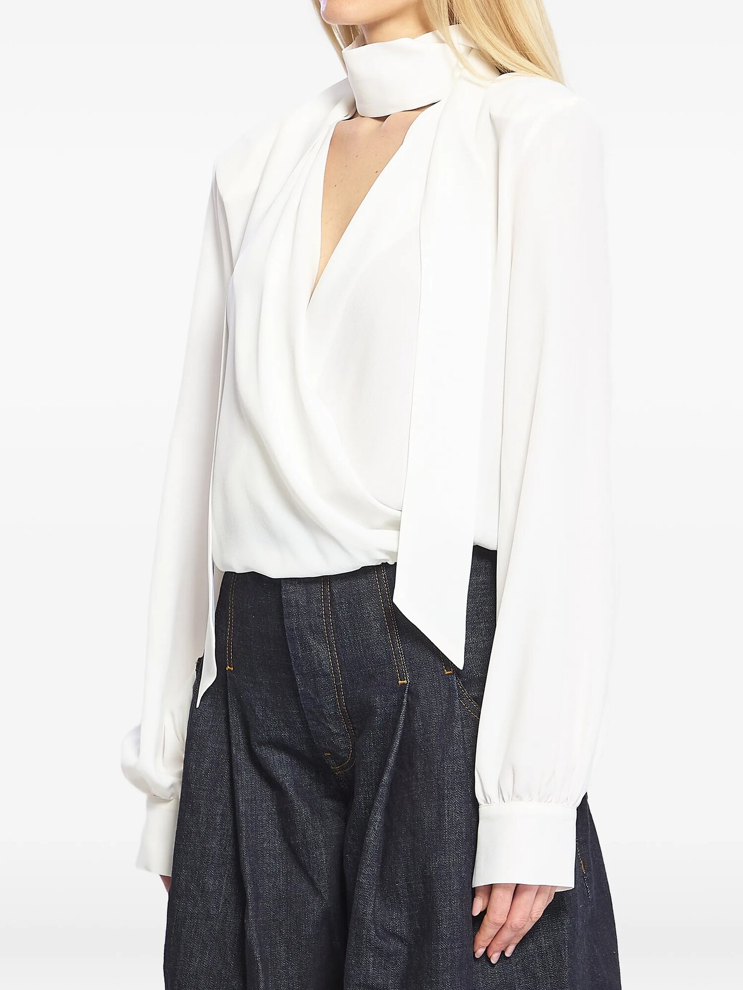 Блуза FEDERICA BASSI Neck-tie wrap blouse, размер 38, white — фото 1
