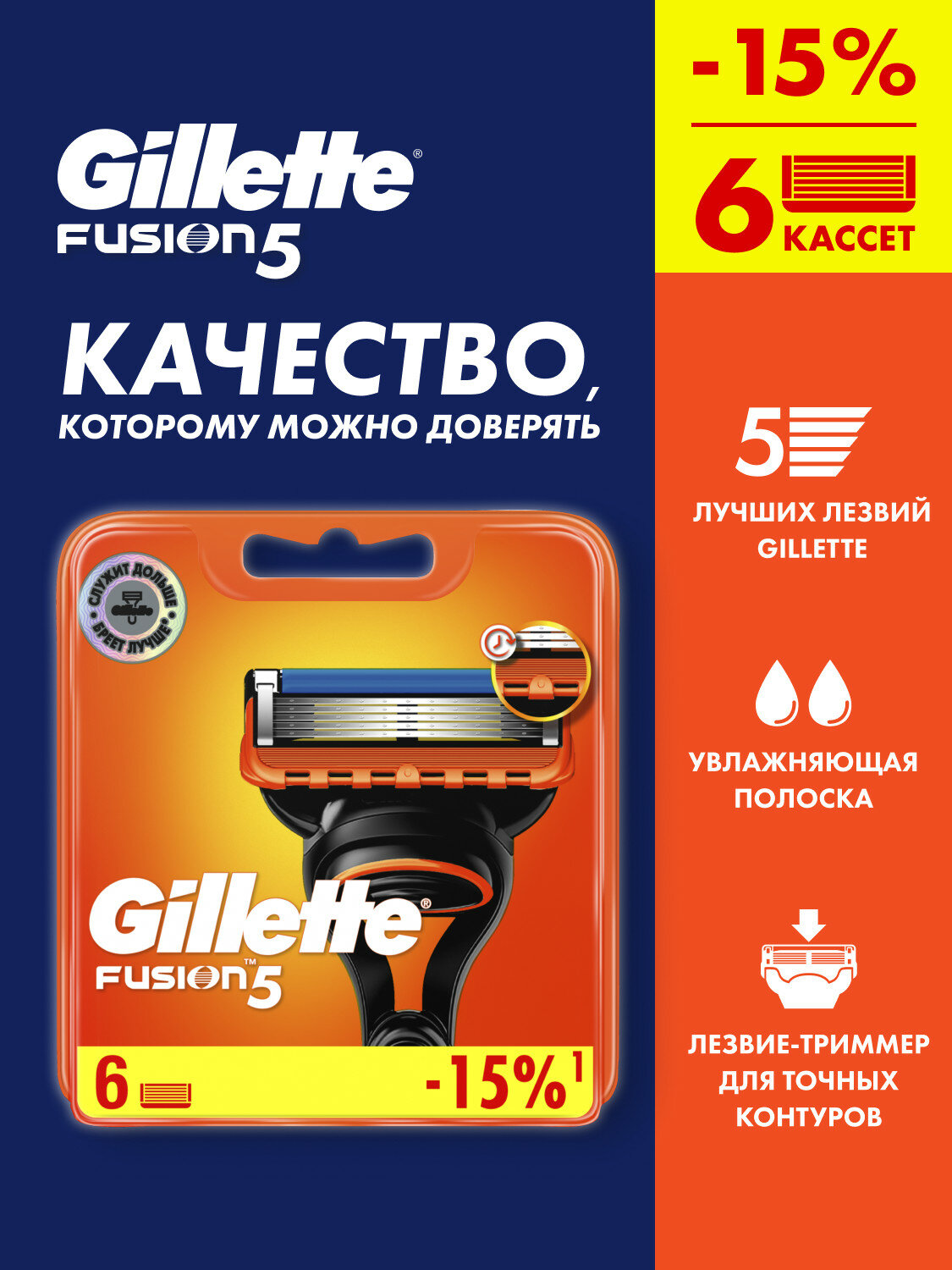 Сменные Кассеты Для Мужской Бритвы Gillette Fusion5, с 5 лезвиями, c точным триммером для труднодоступных мест, для гладкого бритья надолго, 6 шт