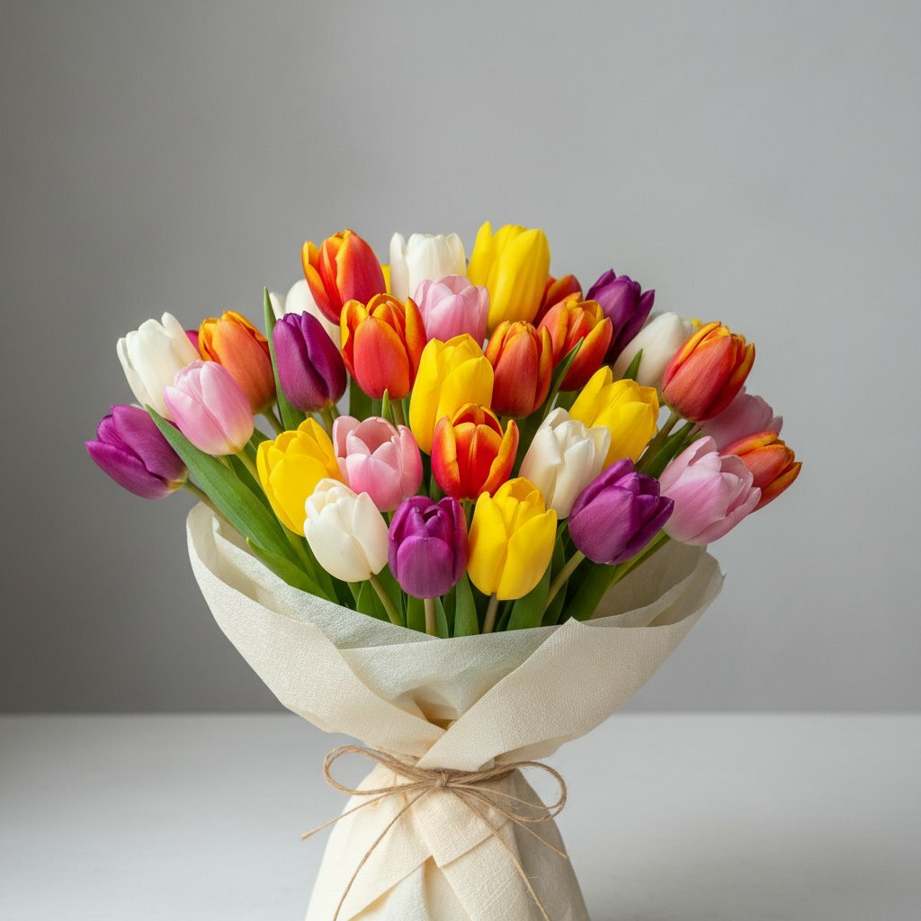 Букет из разноцветных тюльпанов 25 шт, красивый букет цветов, шикарный, премиум цветы, премиум букет