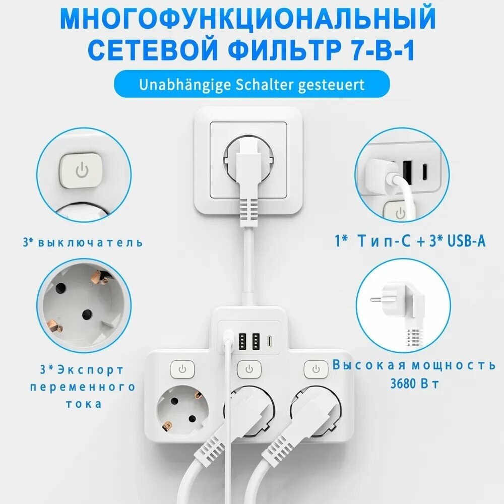 HITRENDS Поворотная розетка с 3 евророзетками (белая), 3 USB и 1 Type-C, 250V 16A, поворот 180 , детская защита, защита от перегрузки, огнестойкая