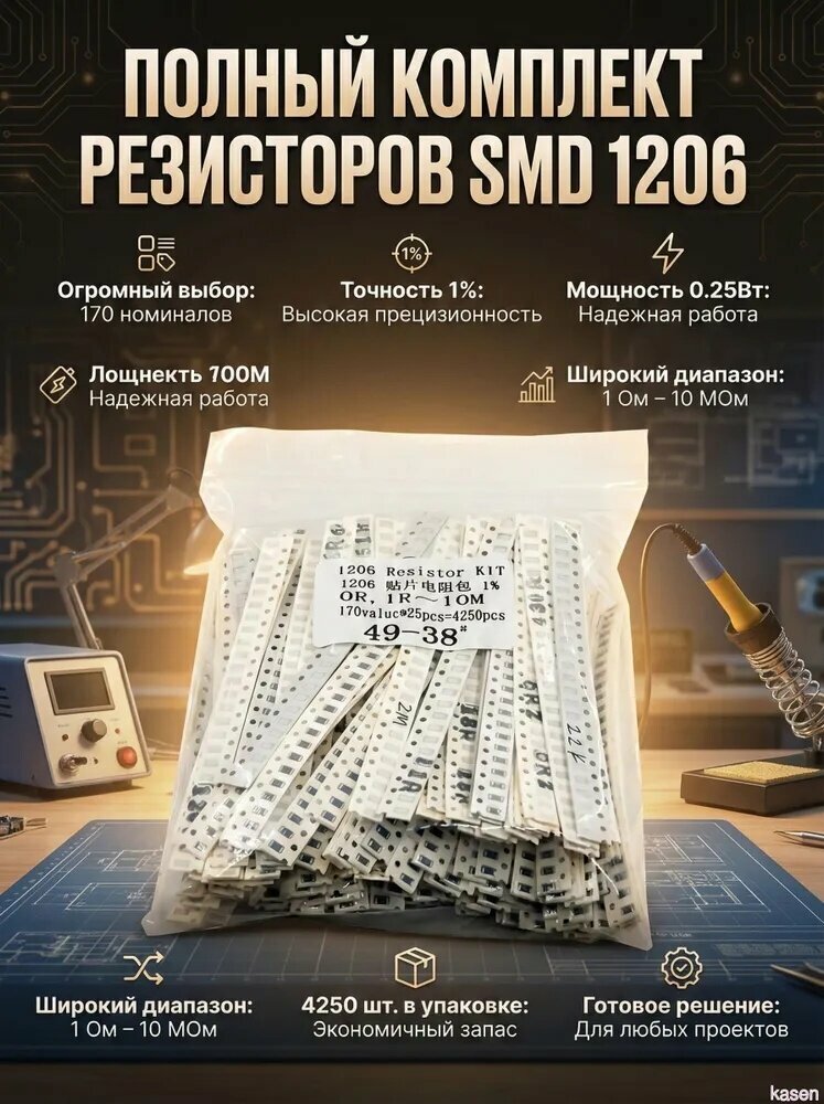 Комплект резисторов SMD 1206, 0.25 Вт, допуск 1%: 1 Ом - 10 МОм, 170 номиналов, 4250 шт.