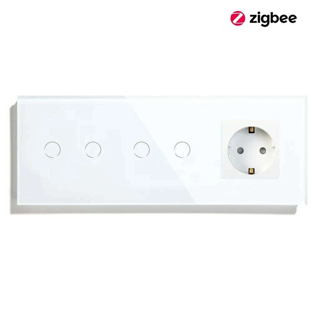 Розетка c Сенсорный выключатель , умный Zigbee выключатель 4 клавиши без нуля на, 1 механическая розетка , рамка стекло Белая