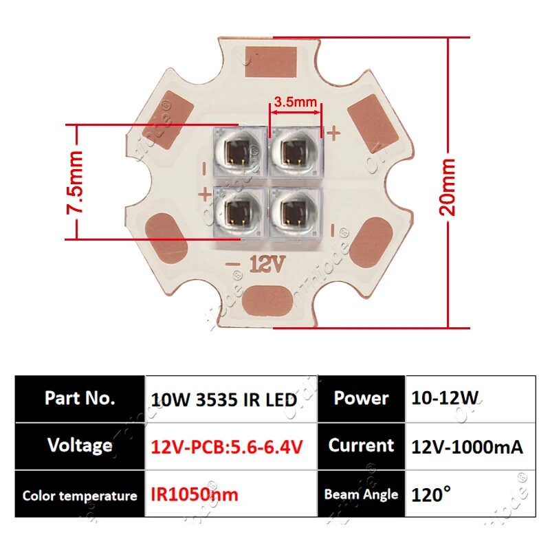 ИК светодиод 10W 3535 1050nm 120° 12V