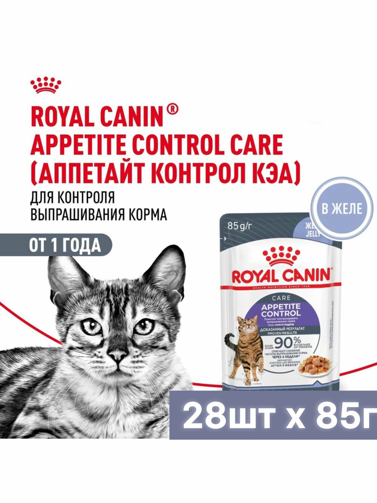 Влажный корм для кошек взрослых 28шт х 85г Royal Canin Appetite Control для контроля выпрашивания корма, мелкие кусочки в желе
