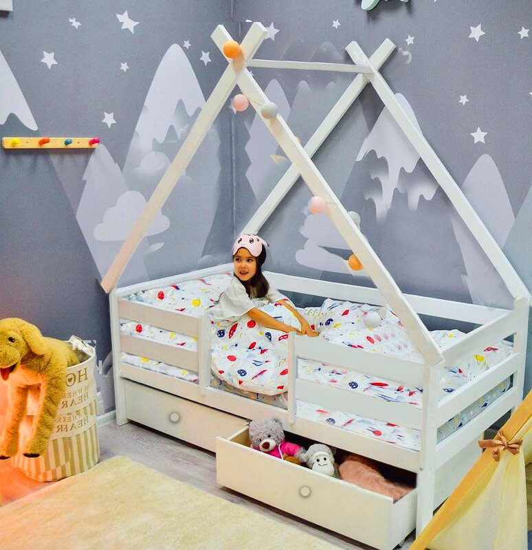 Кровать-домик ассоль 80х160 100% массив белая с ящиками для хранения с ортопедическим дном (без матраса)