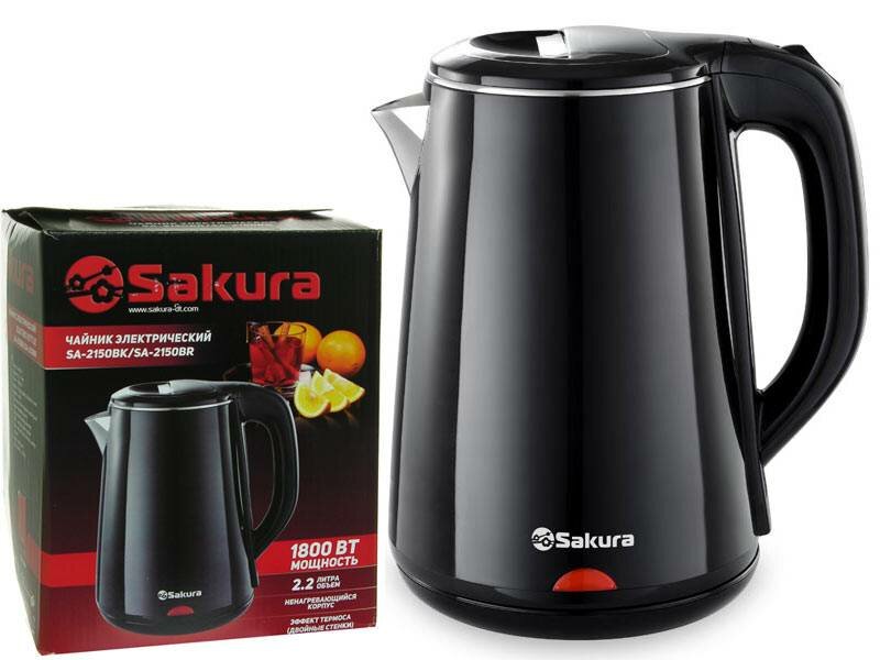 Чайник электрический sakura sa-2150bk, 2,2л, 1800 вт, нержавеющая сталь, черный, двойные стенки