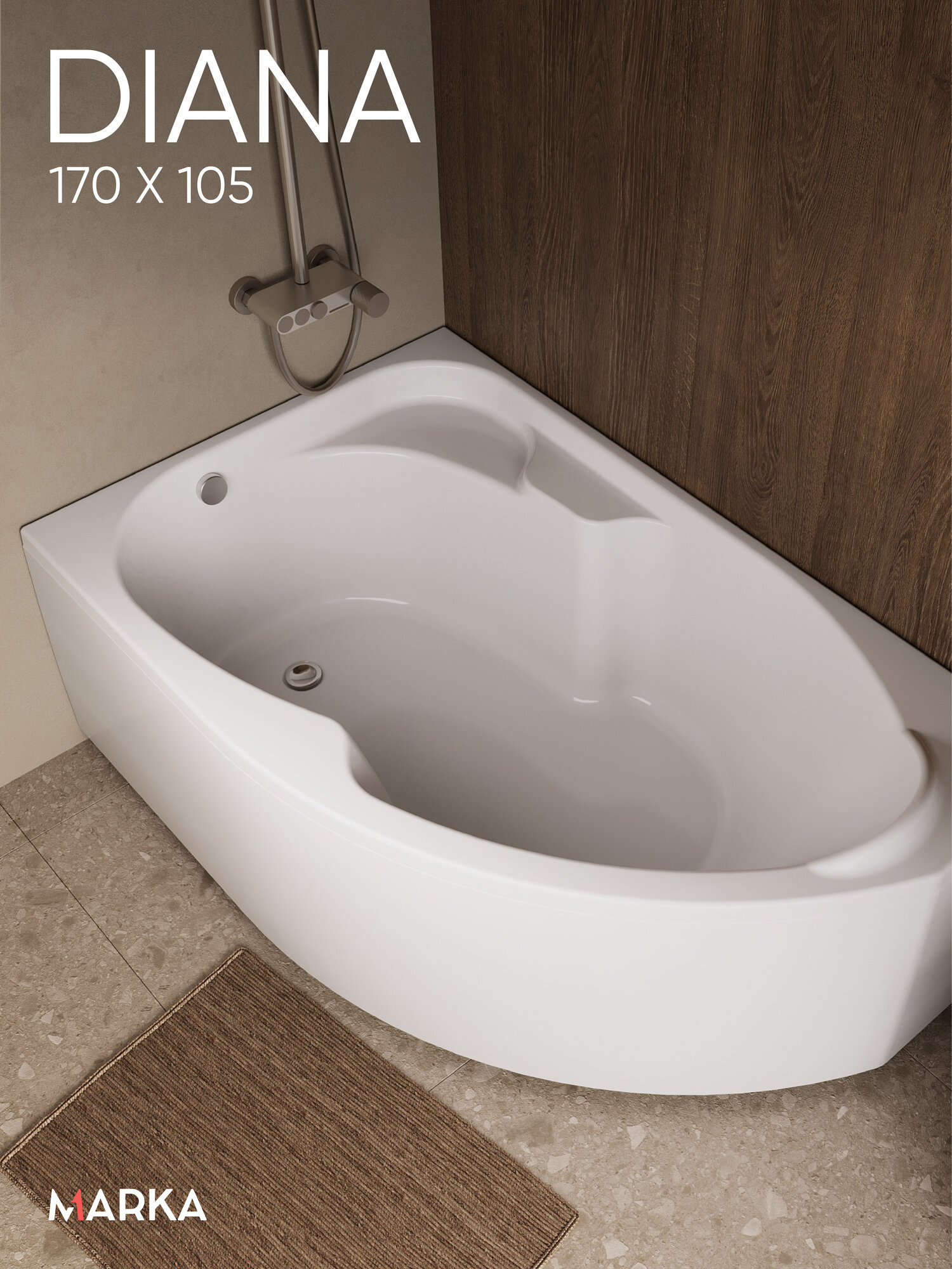 Ванна акриловая 170x105 см ассиметричная левая 100% сантехнический акрил 1Marka DIANA артикул 01ди1710л