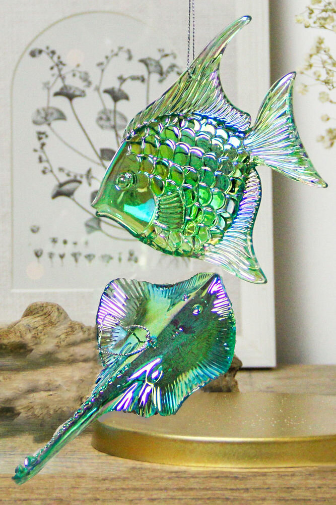 Набор ёлочных украшений морские отражения: рыба И скат, акрил, зелёный, 12 см, 2 шт, Kurts Adler T2466-набор-2