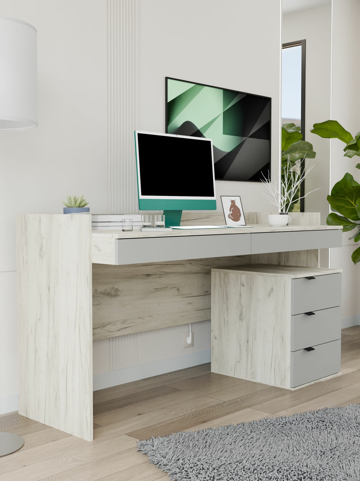 Изумлит Стол компьютерный для офиса и дома Бастион 160х87х64.5 см, корпус+столешница-дуб крафт белый/фасад-шиншилла серая