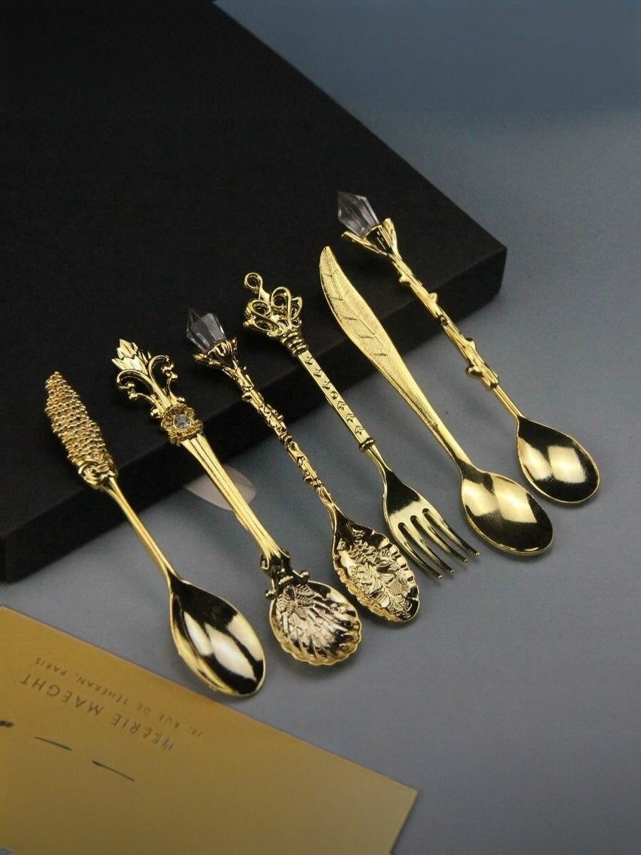 Кофейный сервиз "Ретро",5 ложек, вилка, золотистый, цинковый сплав