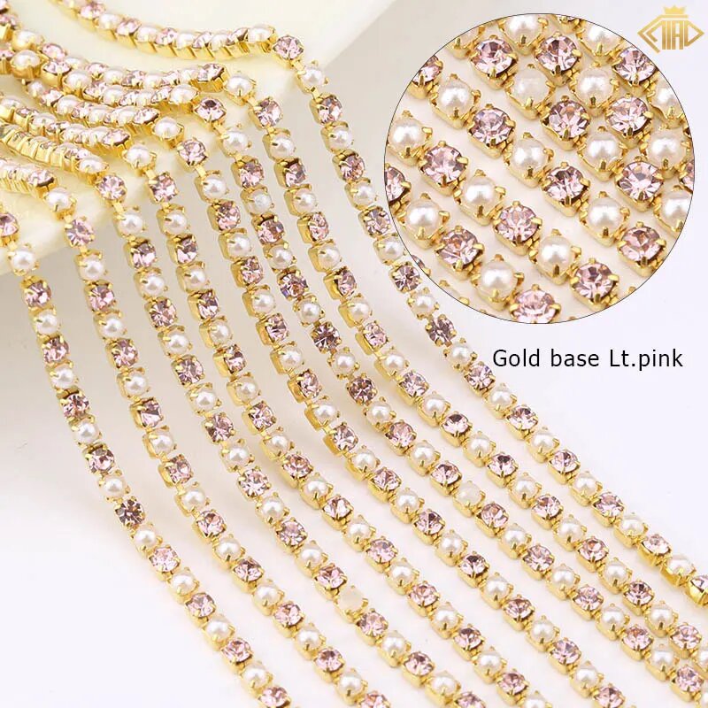 Медная цепочка со стразами 2mm, Gold - light rose, 2yards