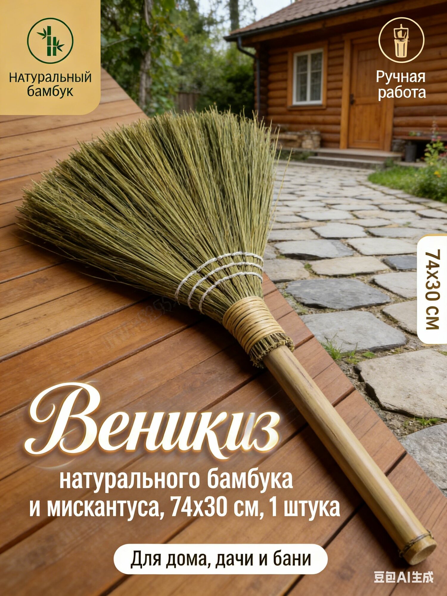 Веник из натурального бамбука и мискантуса, 74x30 см, 1 штука