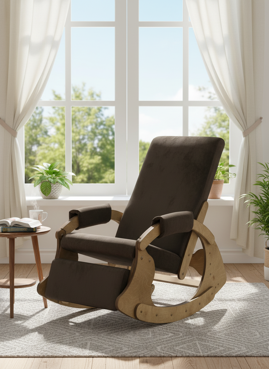 Кресло-качалка с подножкой для дома и дачи "Бриз" от "Мягкой посадки", обивка коричневый велюр