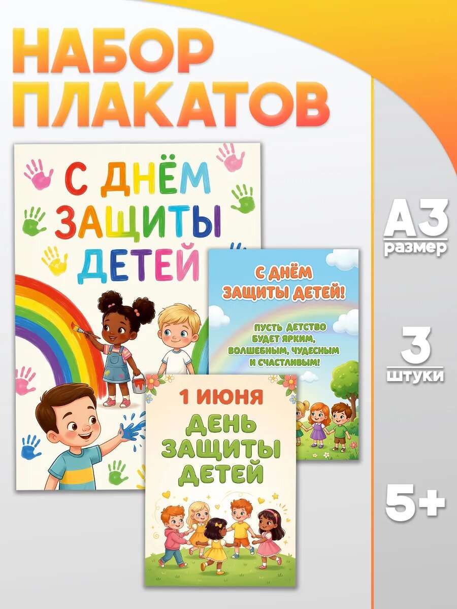 Постеры на стену День защиты детей, набор 3 шт, плотная бумага, формат А3 (297×420 мм)