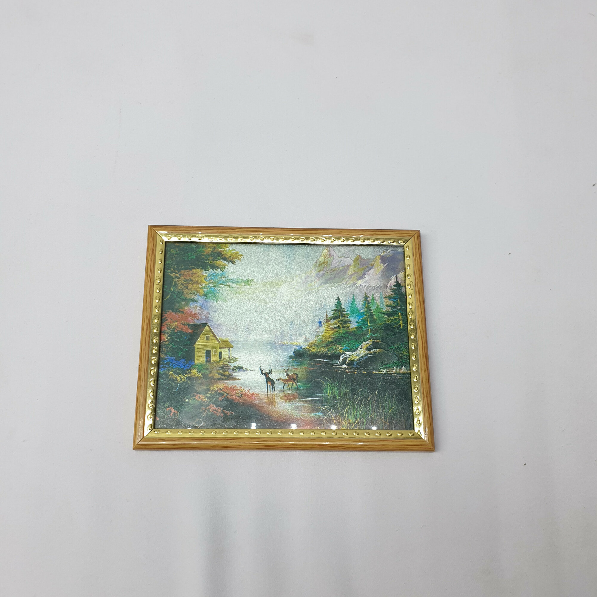 Винтажная картина голографическая Дом у горного озера 12х15. Пластик, дерево