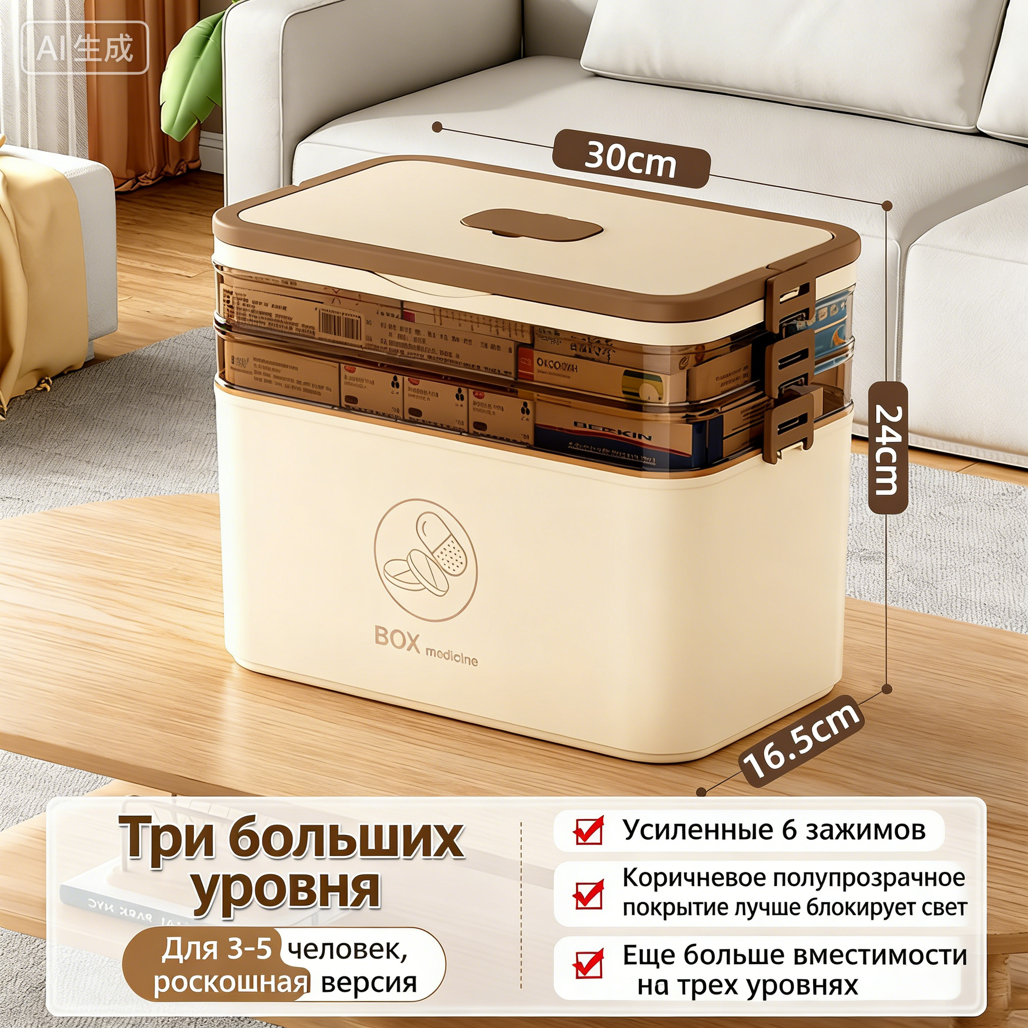 Многослойная аптечка, с классифицированным хранением, прозрачная, 3 ярусов