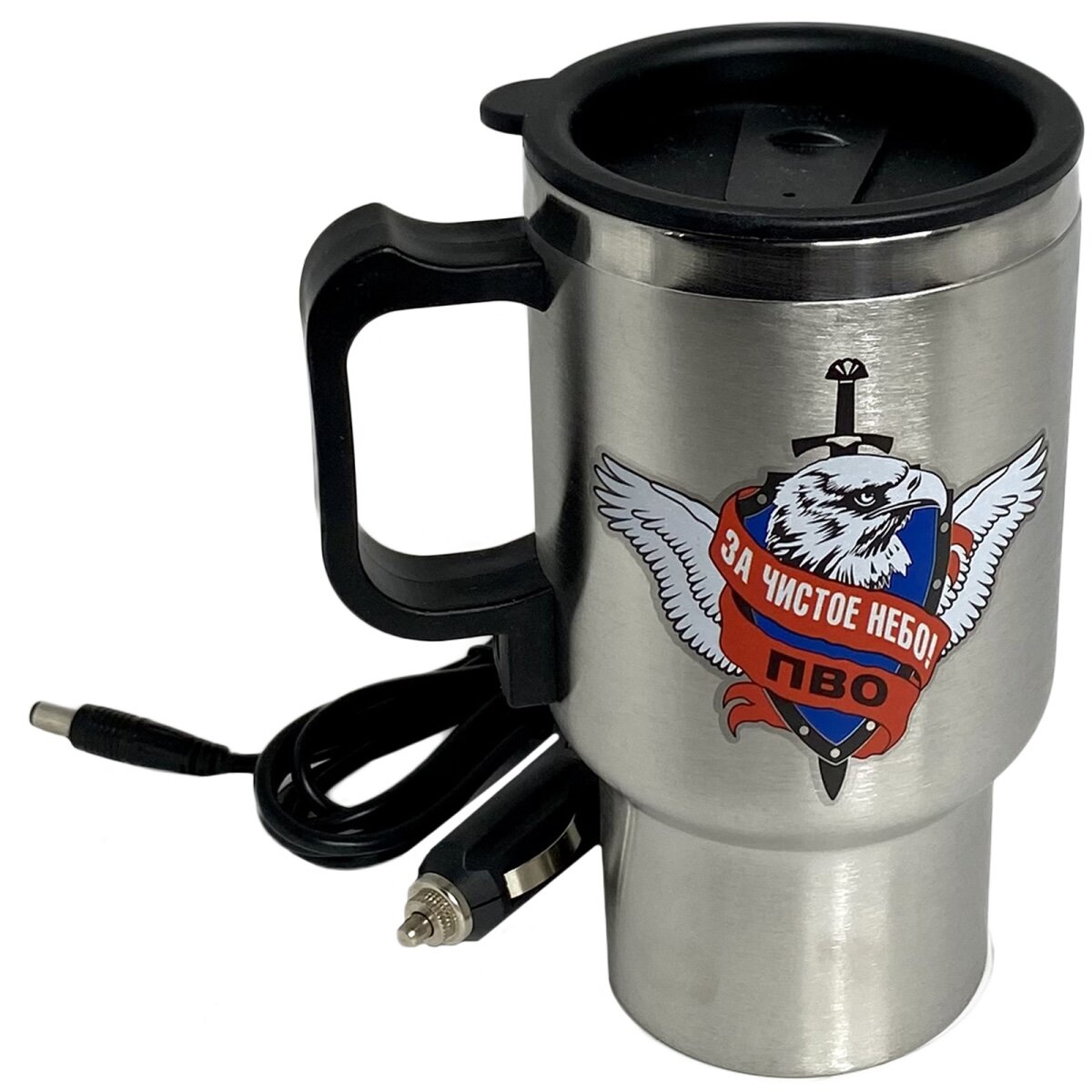 Металлическая термокружка "ПВО" в машину; объем 450 мл; пищевая сталь; подогрев от прикуривателя авто
