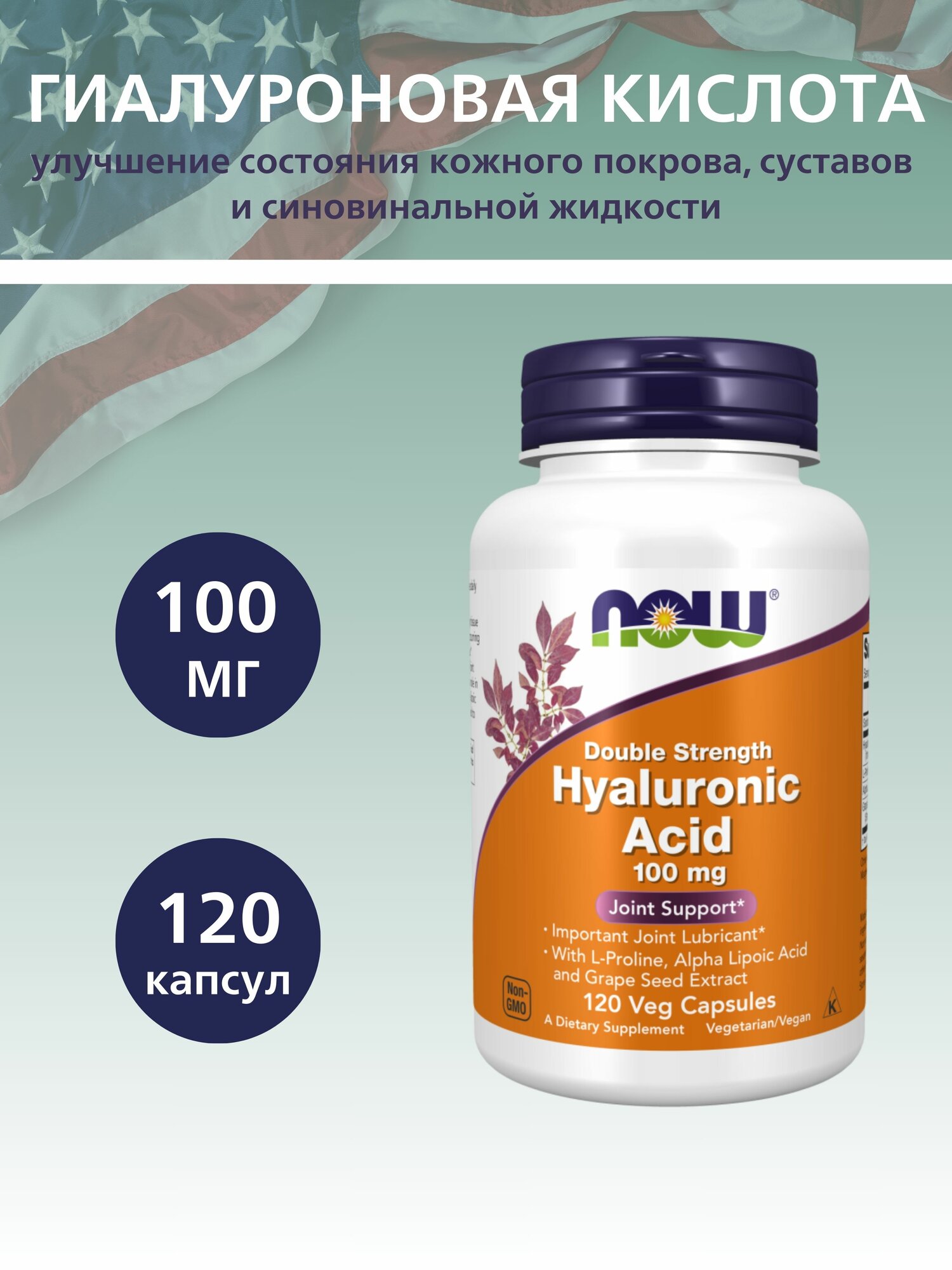 Hyaluronic Acid NOW Foods, Гиалуроновая Кислота с Пролином 100 мг - 120 капсул