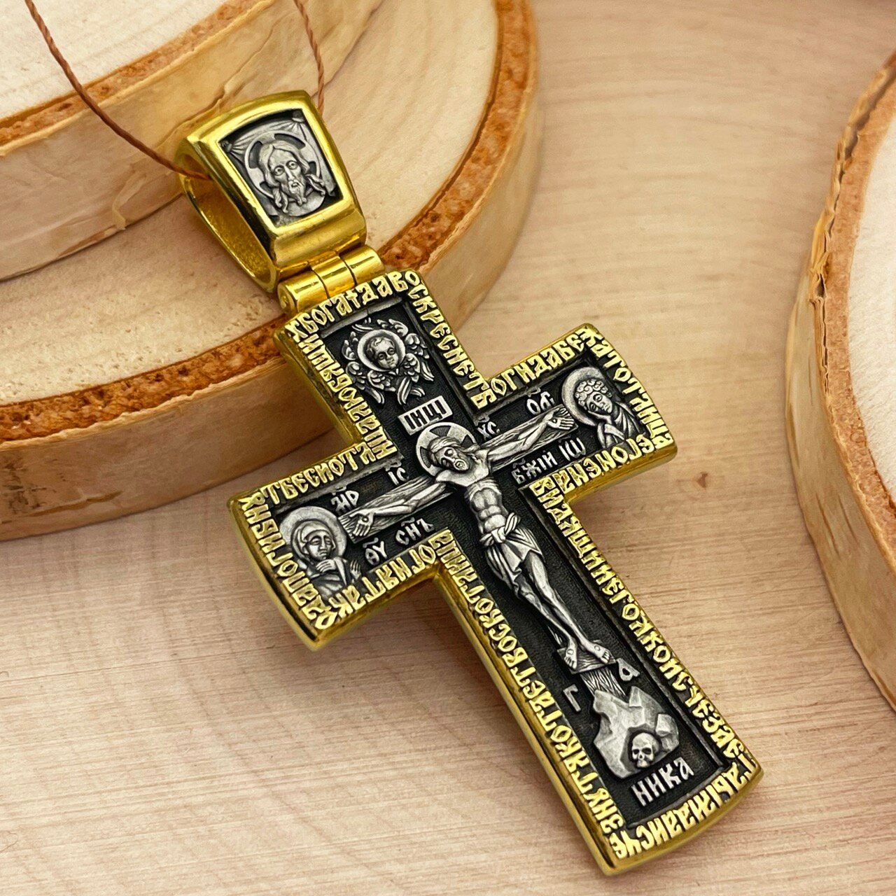 Крестик, серебро, 925 проба, оксидирование, золочение, чернение