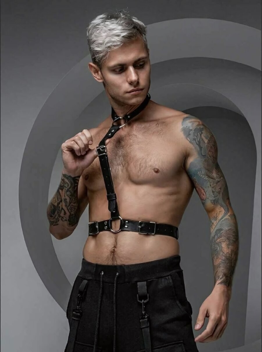 Портупея мужская "Mars" из натуральной кожи, черная, размер L/XL, со съемным чокером