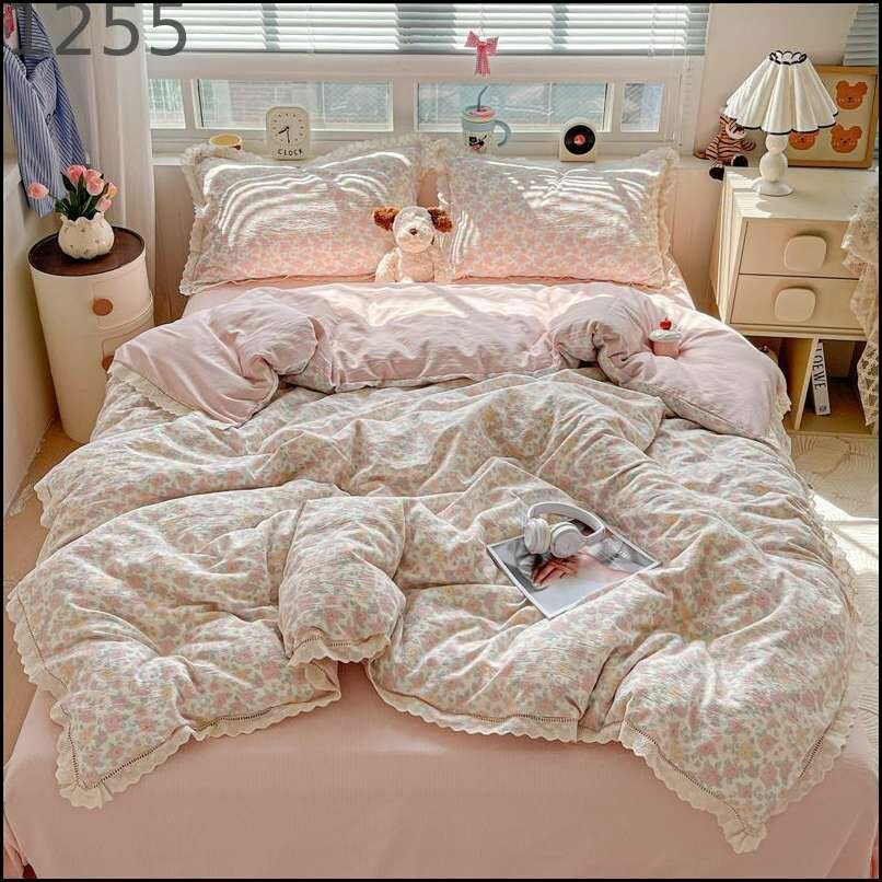 Комплект постельного белья Cloud Cotton 2-слойный: 4 шт, дизайн AB, французское кружево, дышащее, для комфортного сна без одежды, 3 размера (150х220/200х230/220х24011