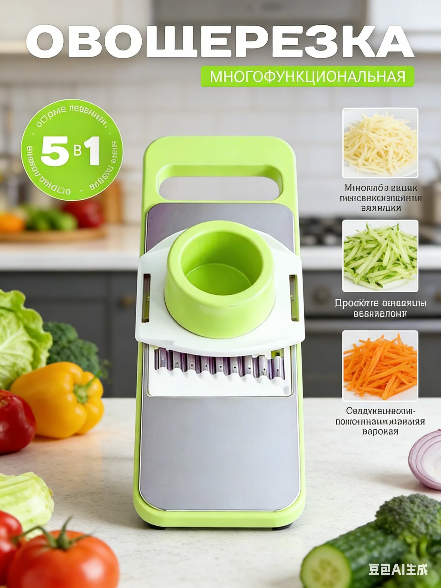 Терка для овощей и корейской моркови ручная многофункциональная 5 в 1 с защитной насадкой для безопасной нарезки
