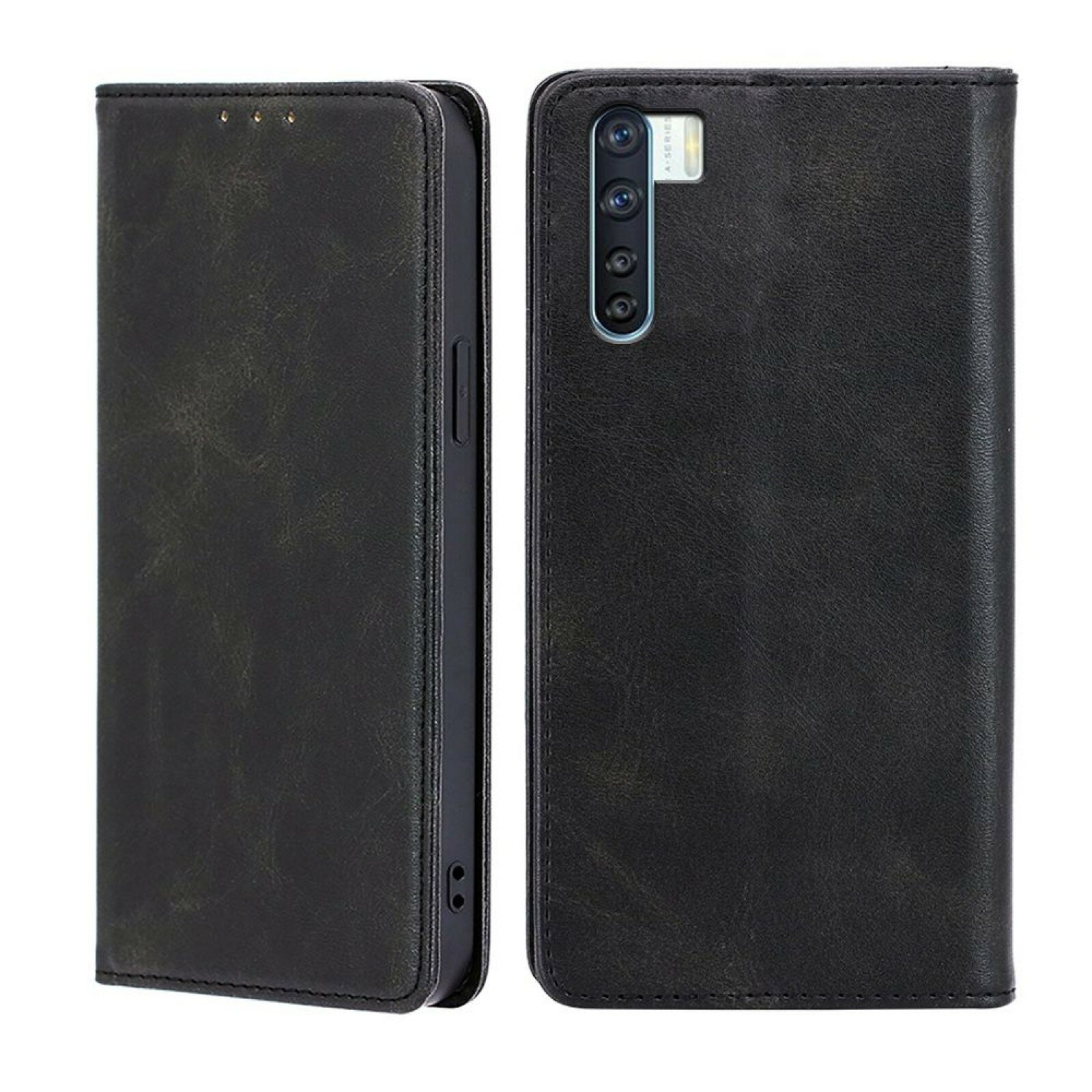 Чехол-книжка MyPads для Oppo A91 / Reno 3 из натуральной телячьей кожи с магнитным закрытием, черный